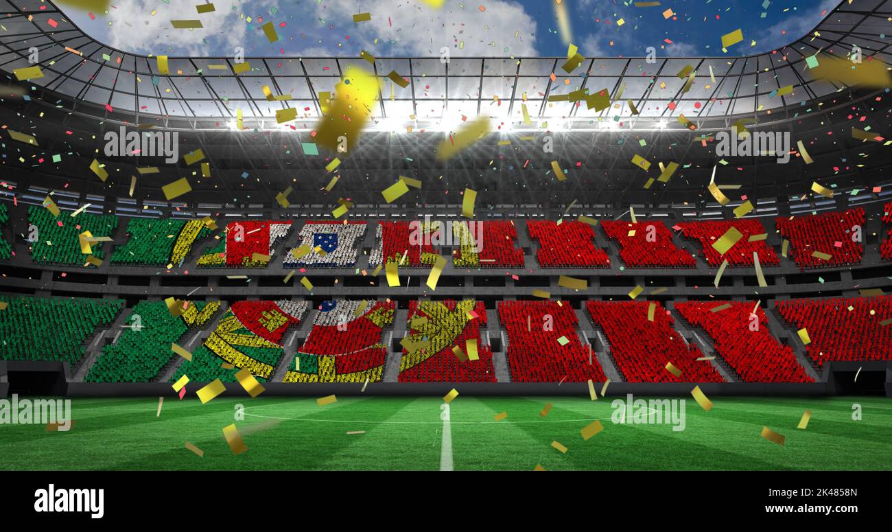 Image of falling gold confetti over football stadium. World cup soccer ...
