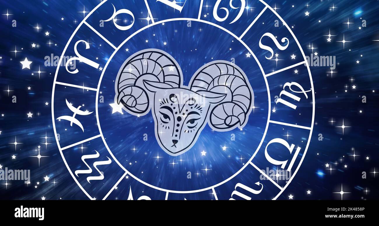 Image of aries star sign symbol in spinning horoscope wheel over ...