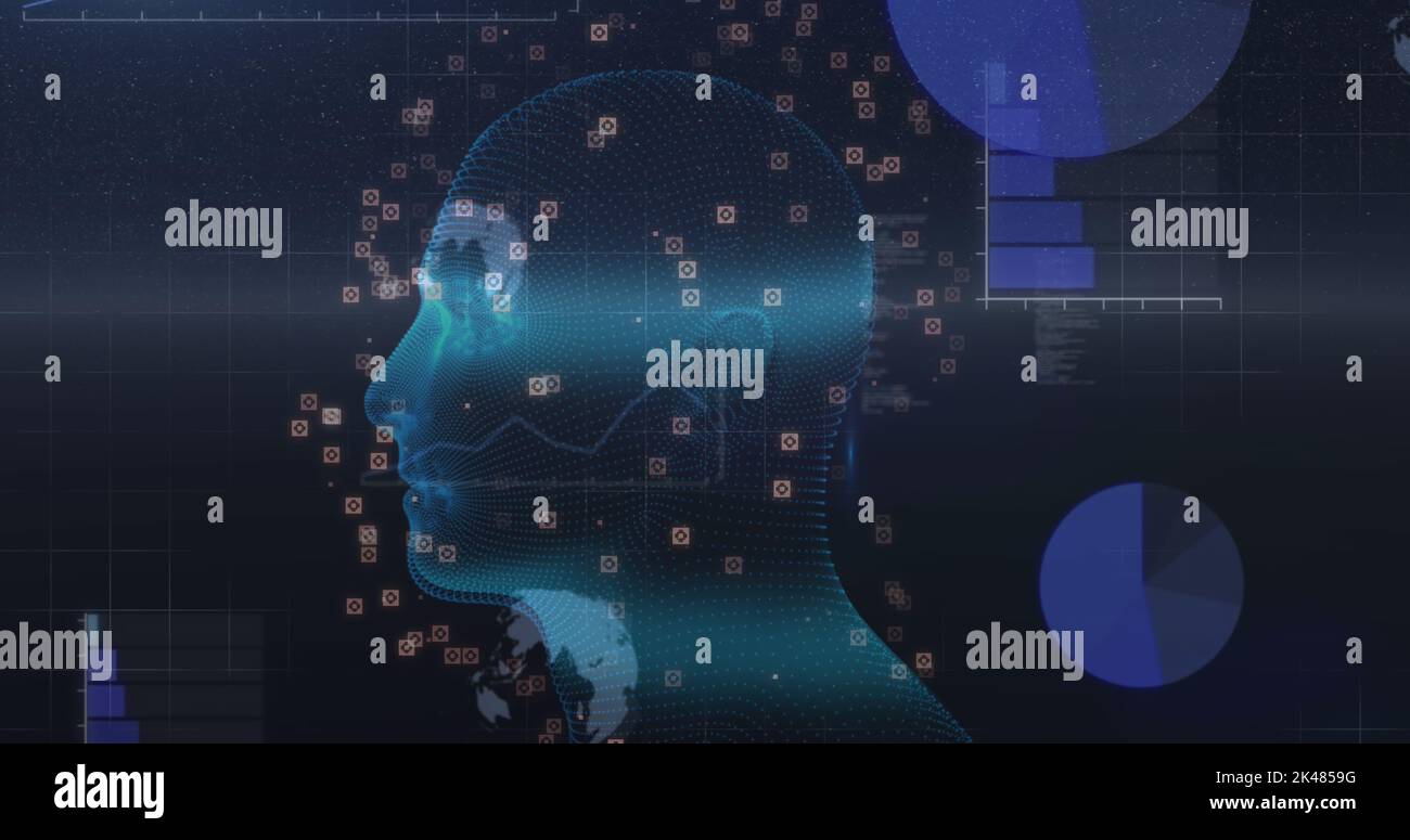 Image of human head and data processing over digital screen. global ...