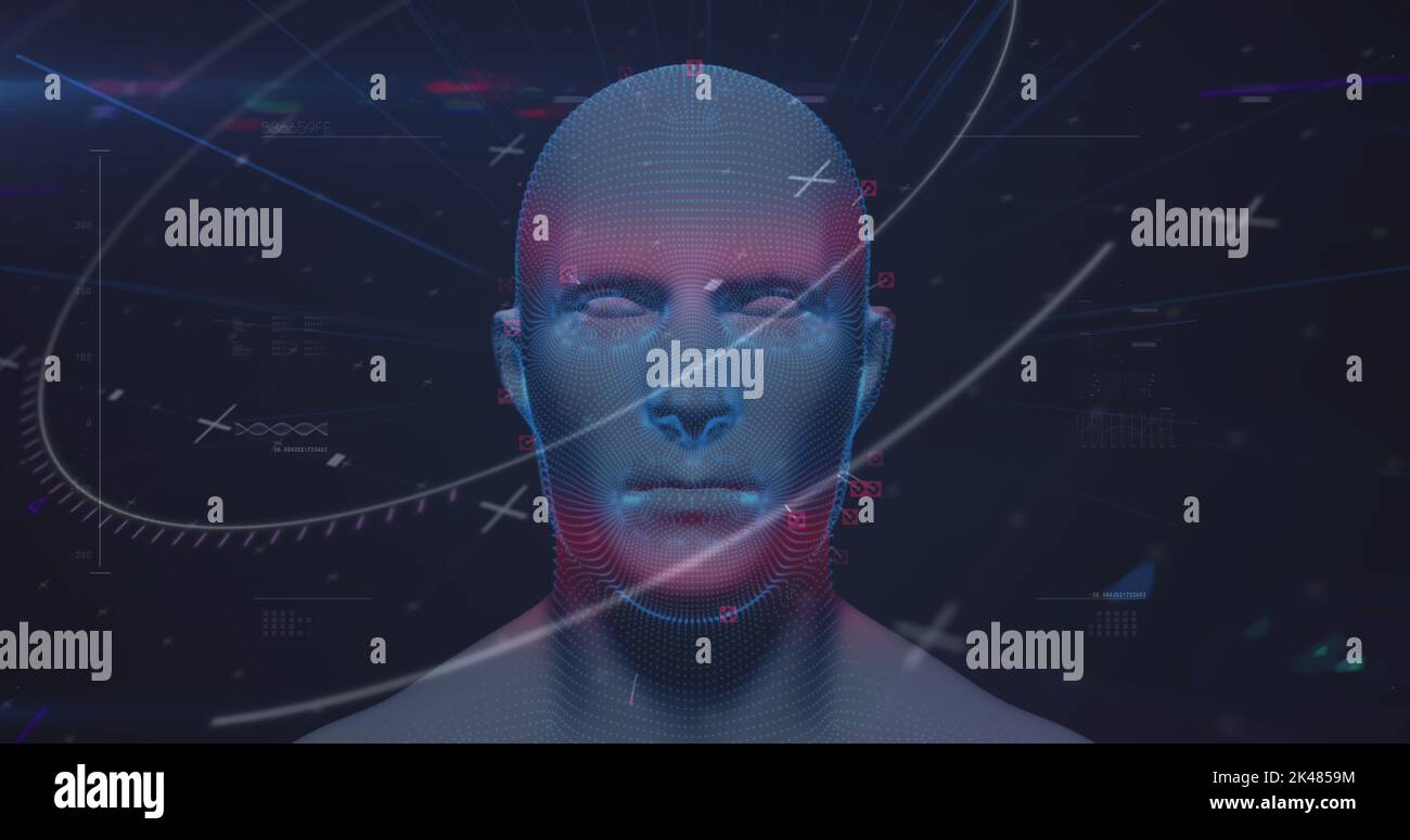 Image of numbers changing over human head spinning and scope scanning ...
