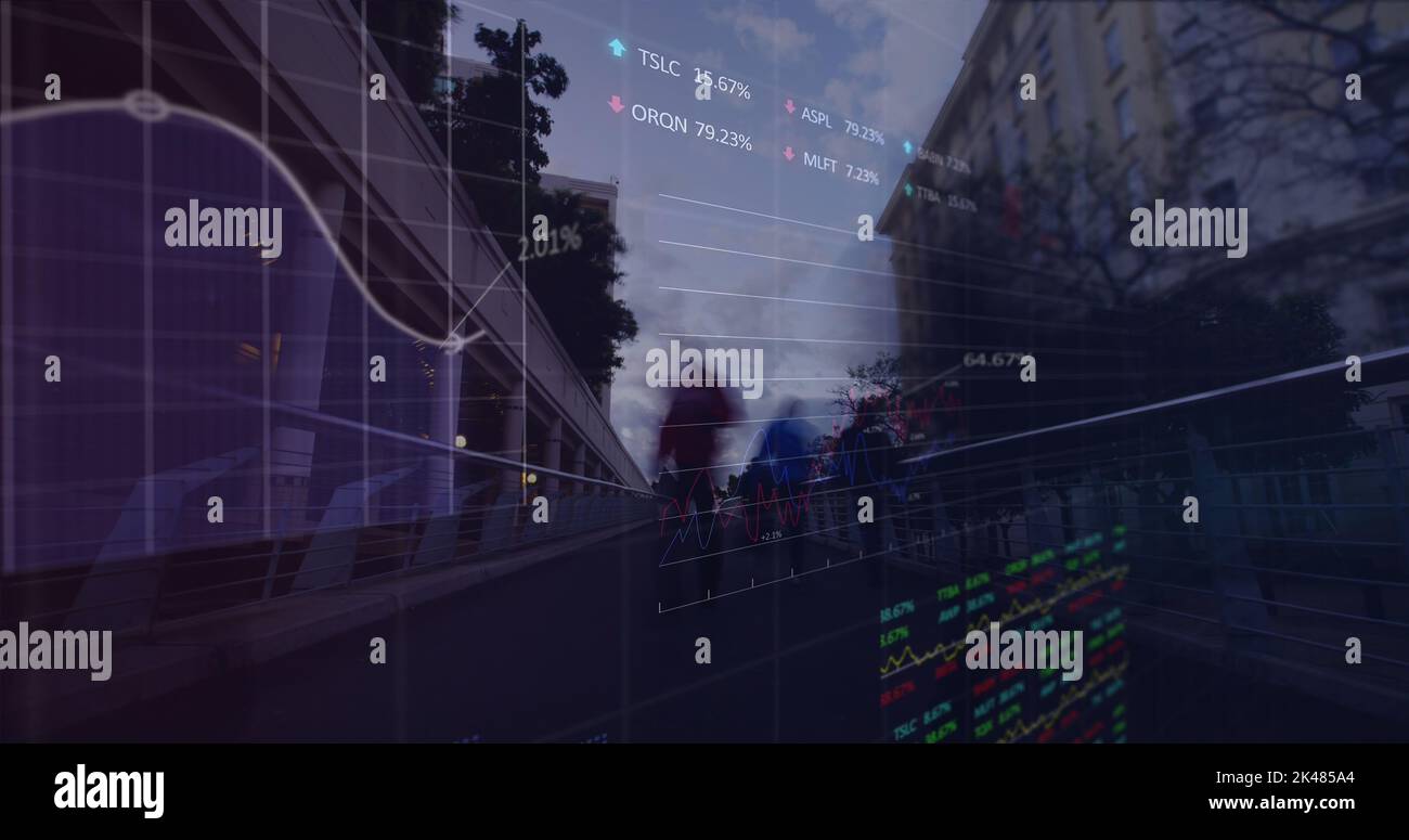 Stock market data processing against time-lapse of people walking on a ...