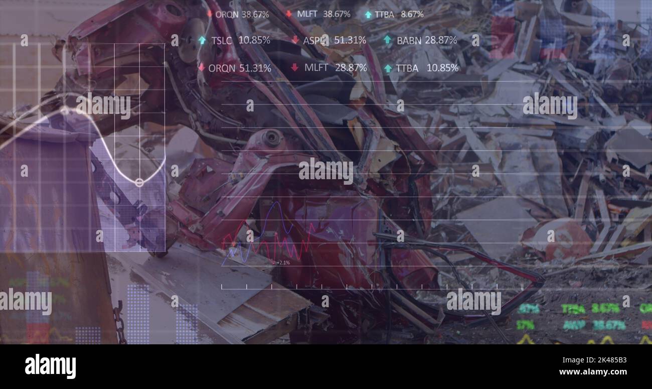 Image of stock market data processing over aerial view of scrap at ...