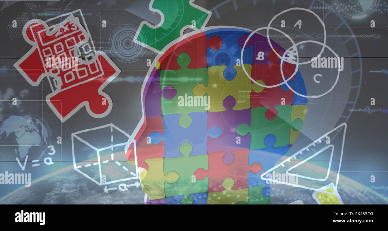 Image of colourful puzzle pieces and mathematical equations. autism ...