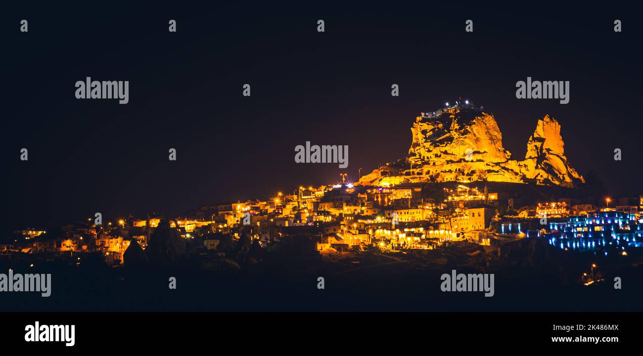 Panoramic landscape of Uchisar castle at night in Cappadocia, Central ...
