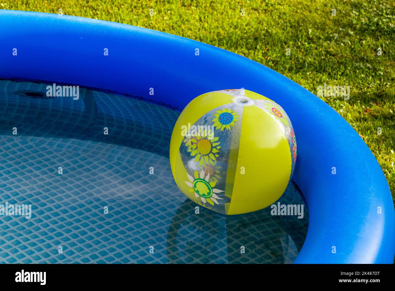 A yellow baby ball floats in a blue inflatable pool in the backyard ...