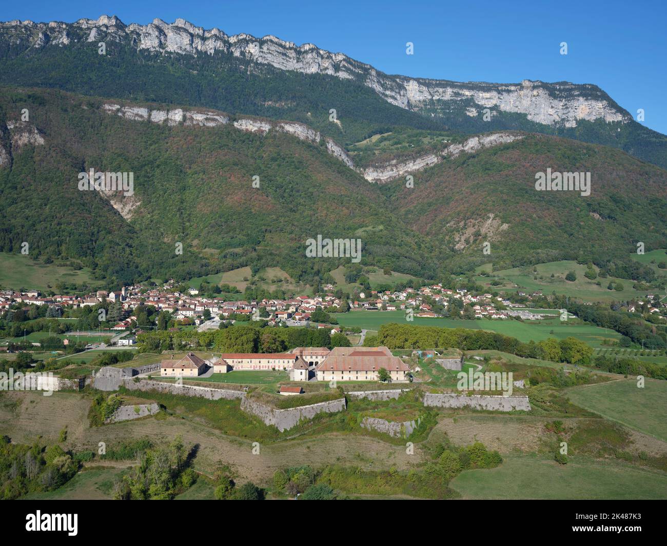 AERIAL VIEW. Historic military fortification on a hill with its star ...