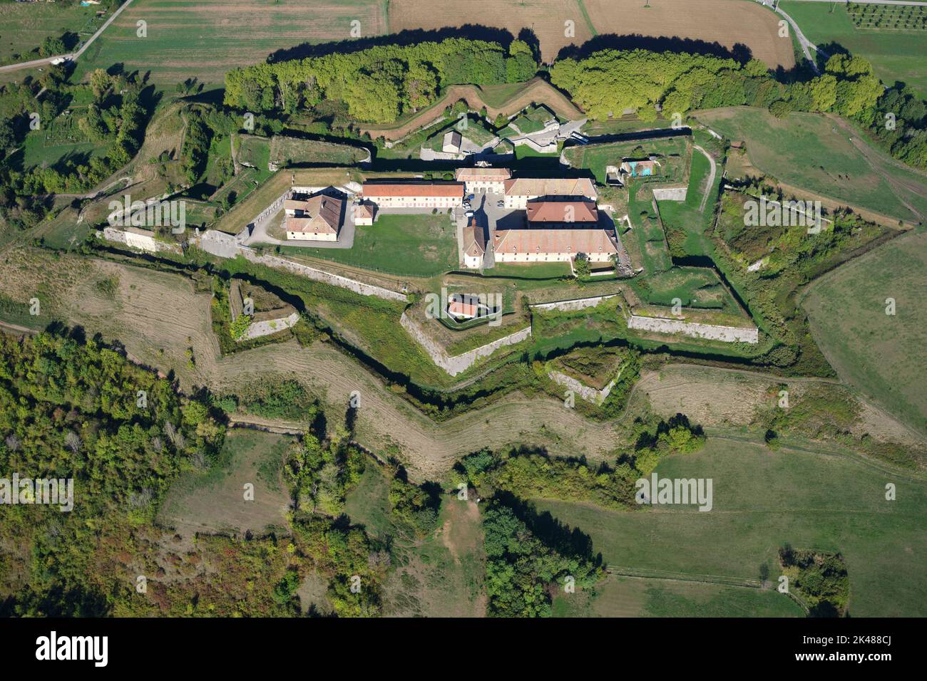 AERIAL VIEW. Historic military fortification on a hill with its star ...
