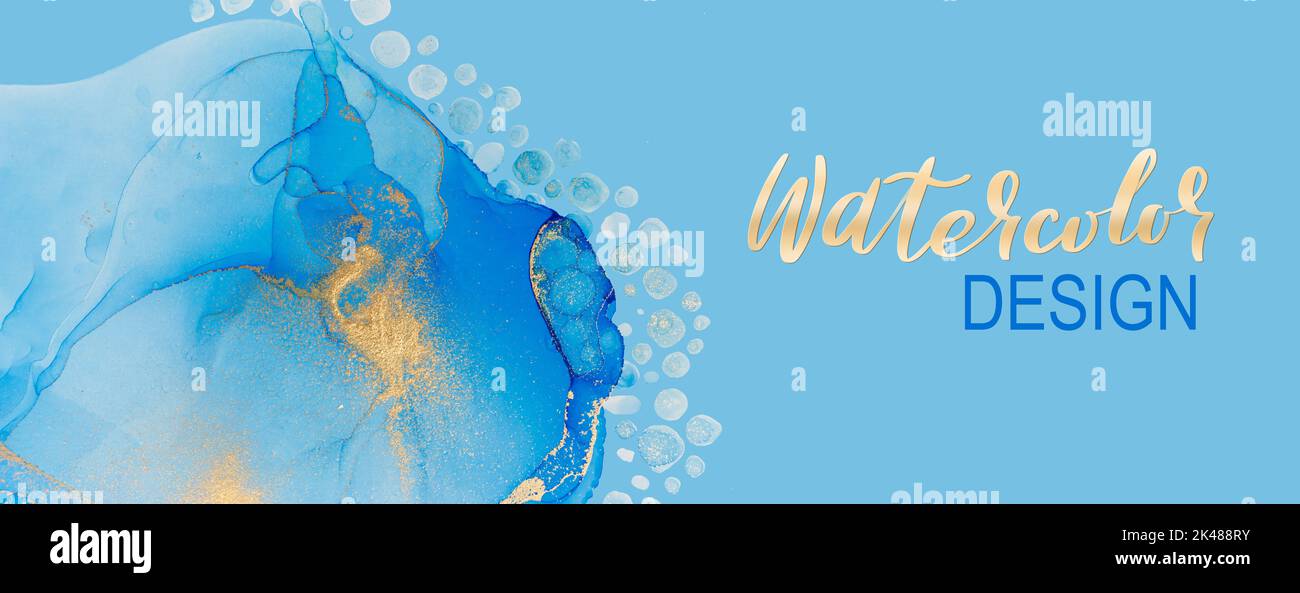 Abstract blue watercolor pattern with drops, blobs and golden parts ...