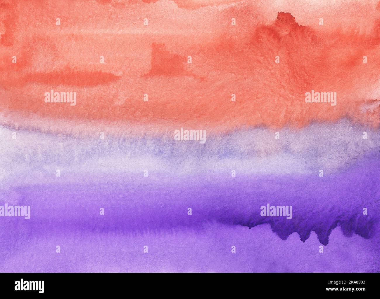 Watercolor violet and coral background painting, brush strokes on paper ...