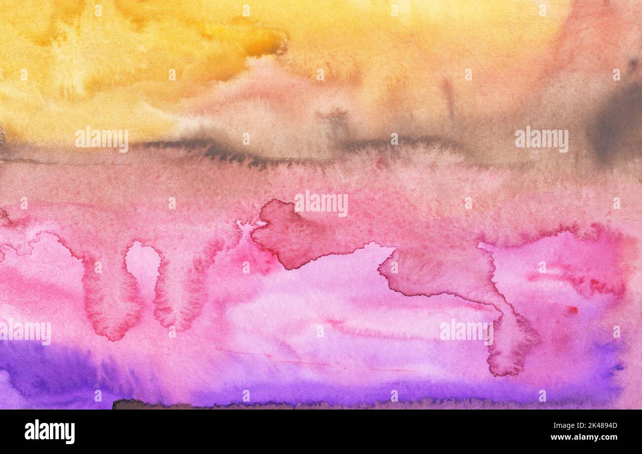 Watercolor bright pink, yellow, purple and brown background texture ...