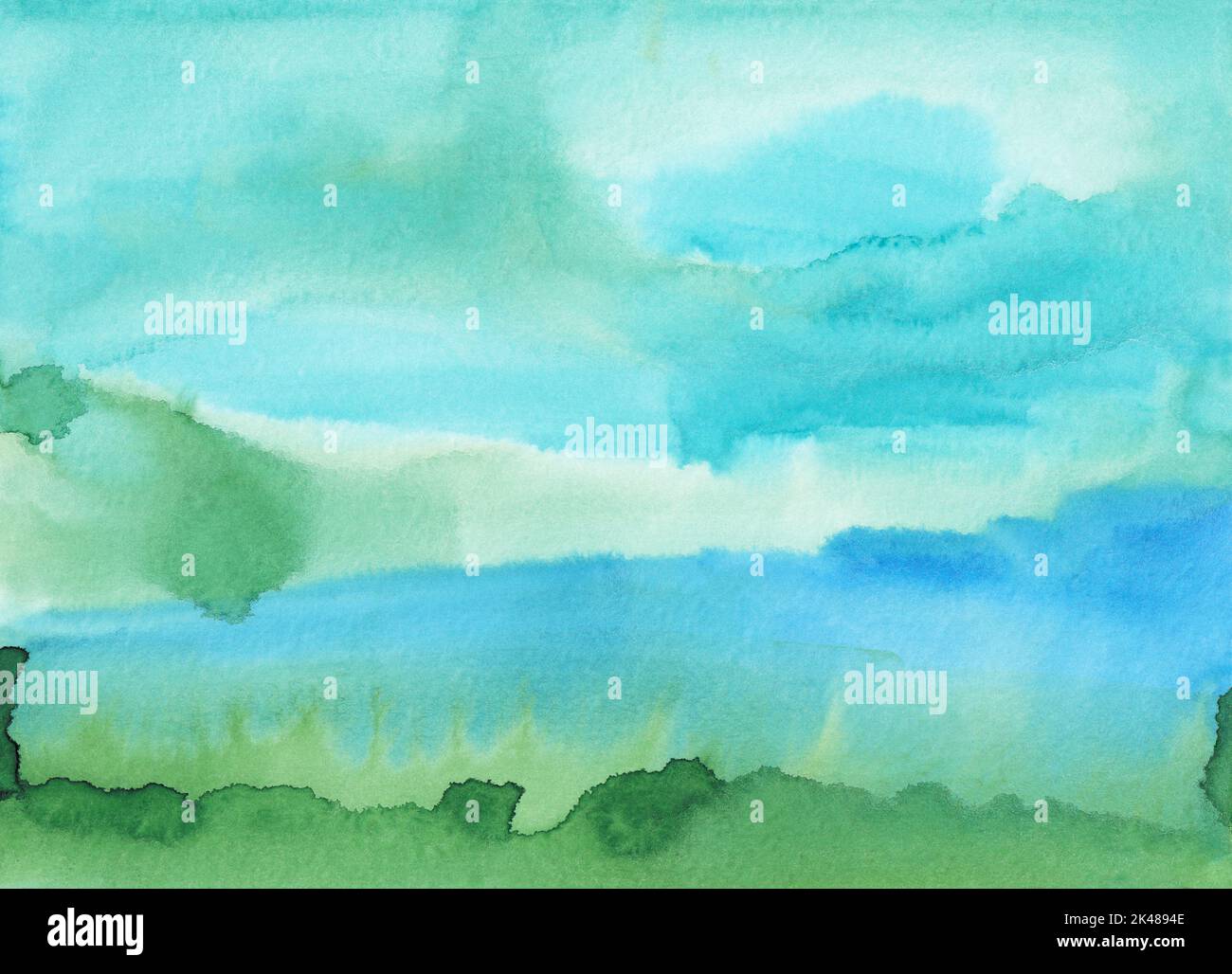Watercolor light blue, turquoise and green stains background texture ...