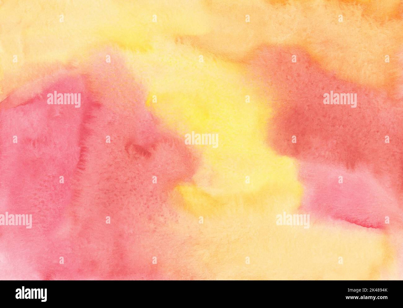 Watercolor bright yellow, peach and red background. Stains on paper ...
