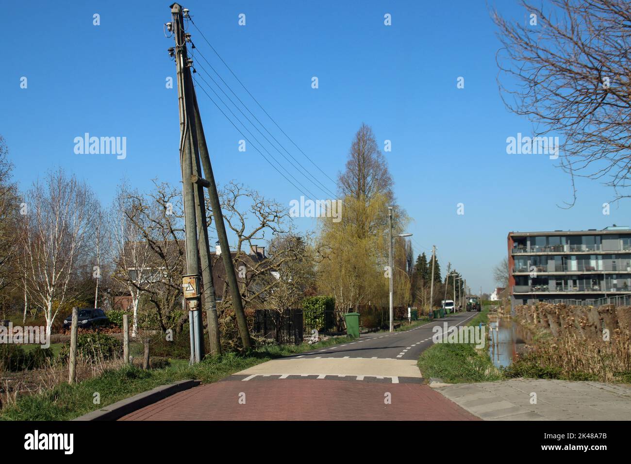 Wooden poles with electricity wires in the Zuidplaspolder at the Vierde ...