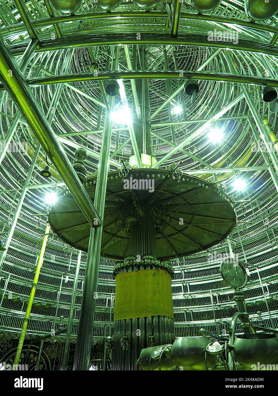 View of circular stainless steel tubing and elaborate metal artwork ...