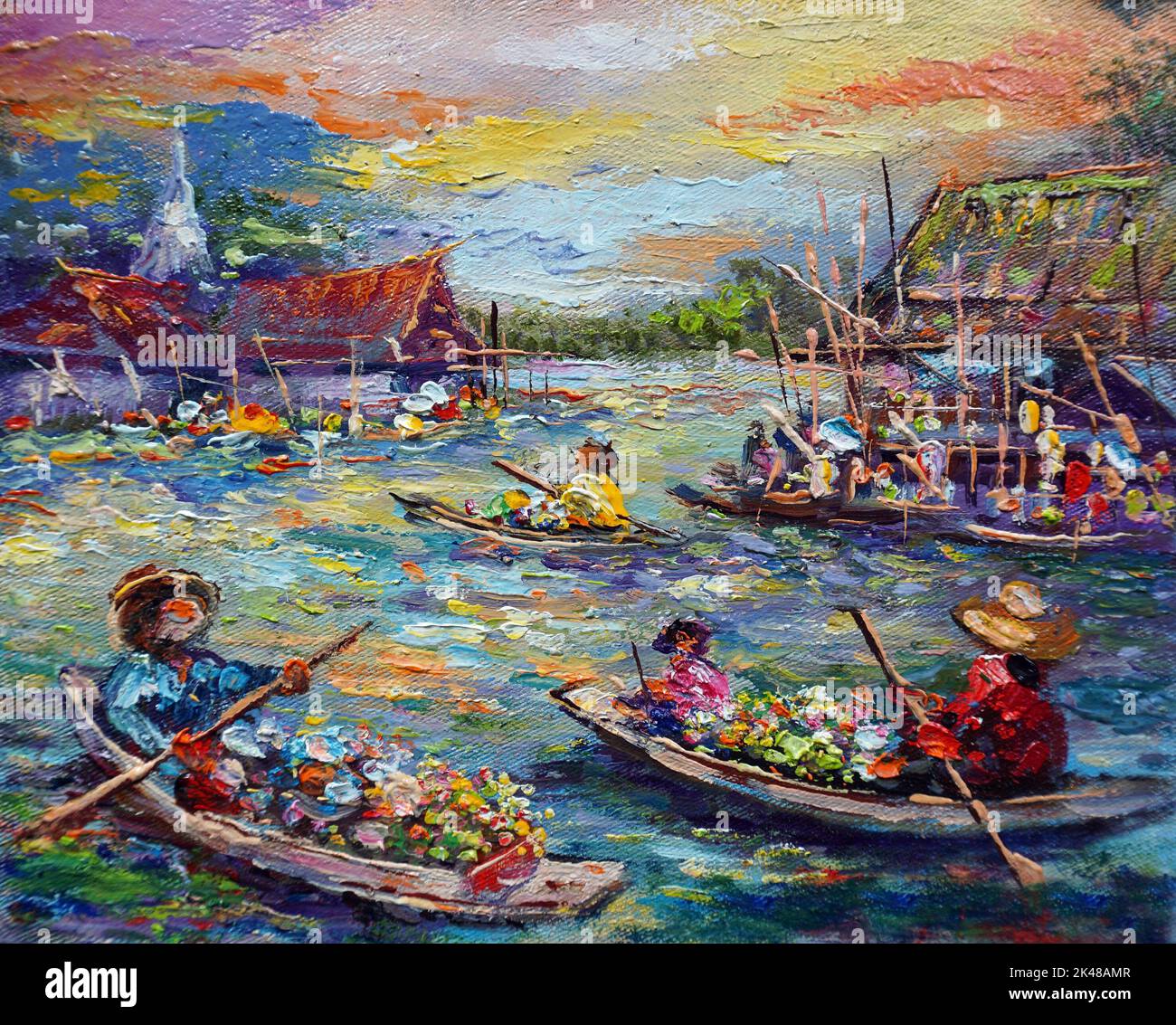 Art painting Oil color Floating market Thailand , rural life , rural ...