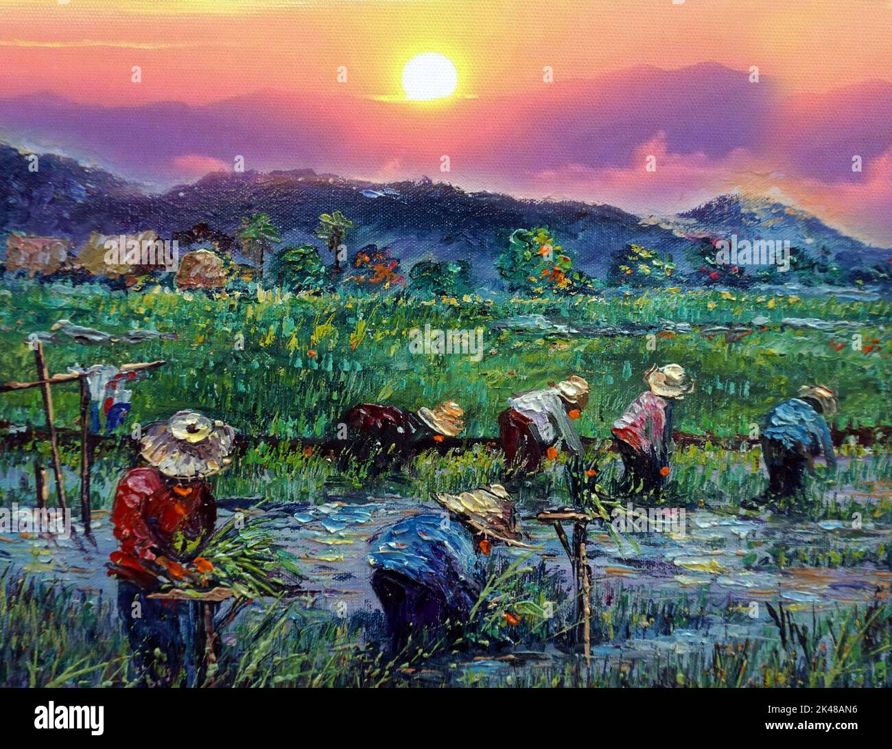 Art painting oil color Thailand Grow rice , Transplant rice seedlings ...