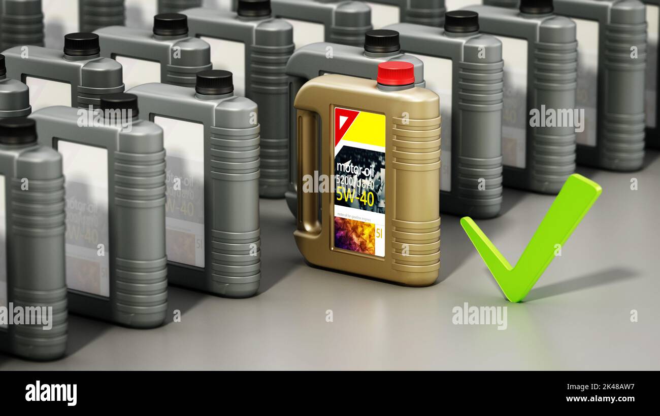 Motor oil can with tick sign stands out among gray cans. 3D ...