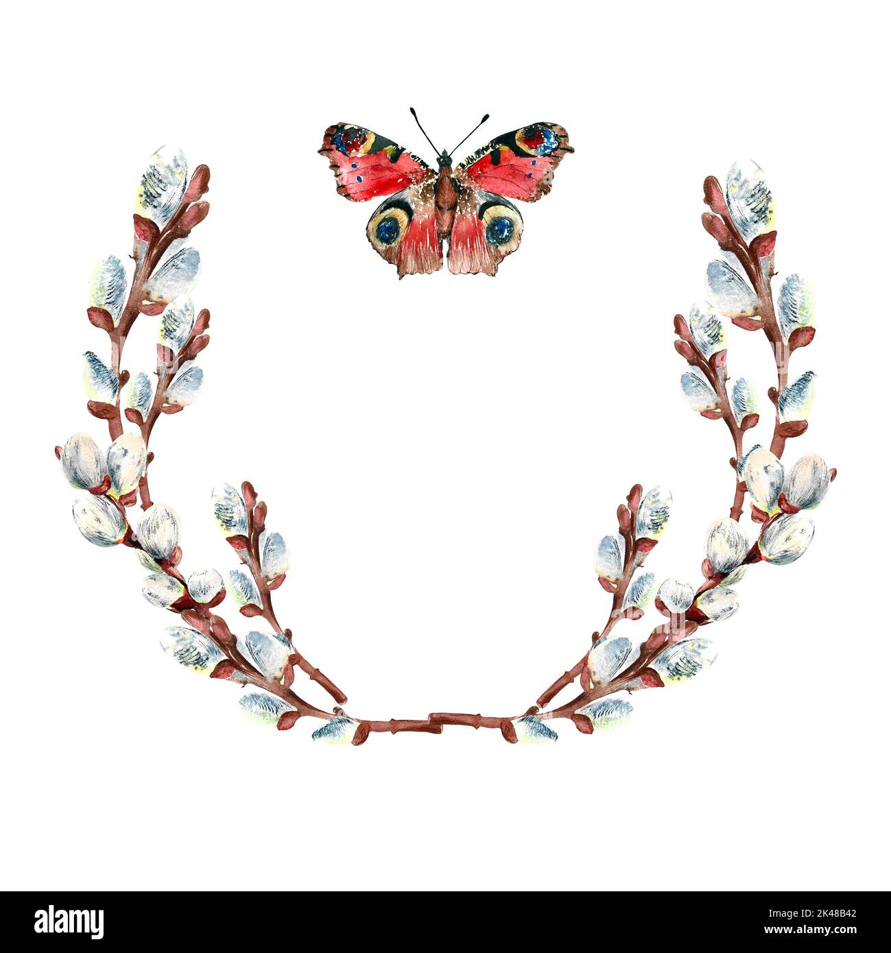 willow branch, butterfly fire watercolor. on isolated white background ...
