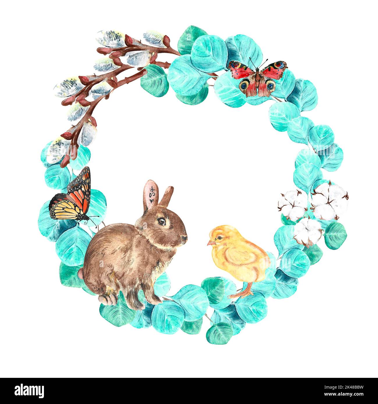 wreath of watercolor cotton and eucalyptus willow branch, cute bunny ...