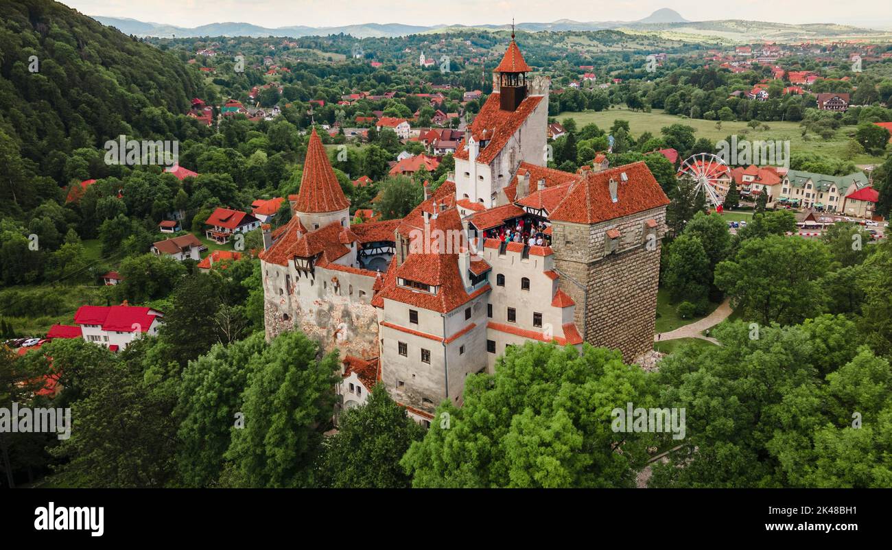 Aerial photography over Bran castle in Brasov, Romania. Photography was ...