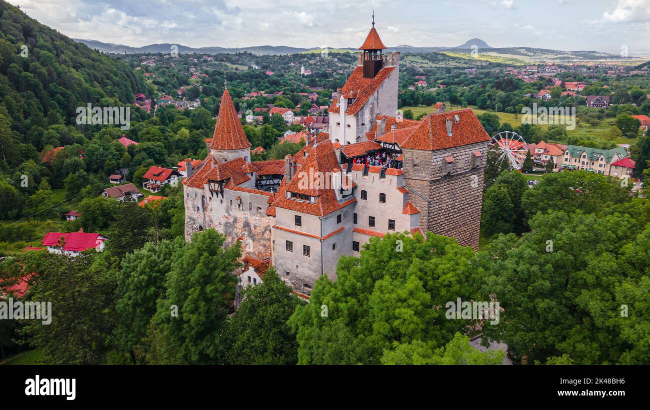 Aerial photography over Bran castle in Brasov, Romania. Photography was ...