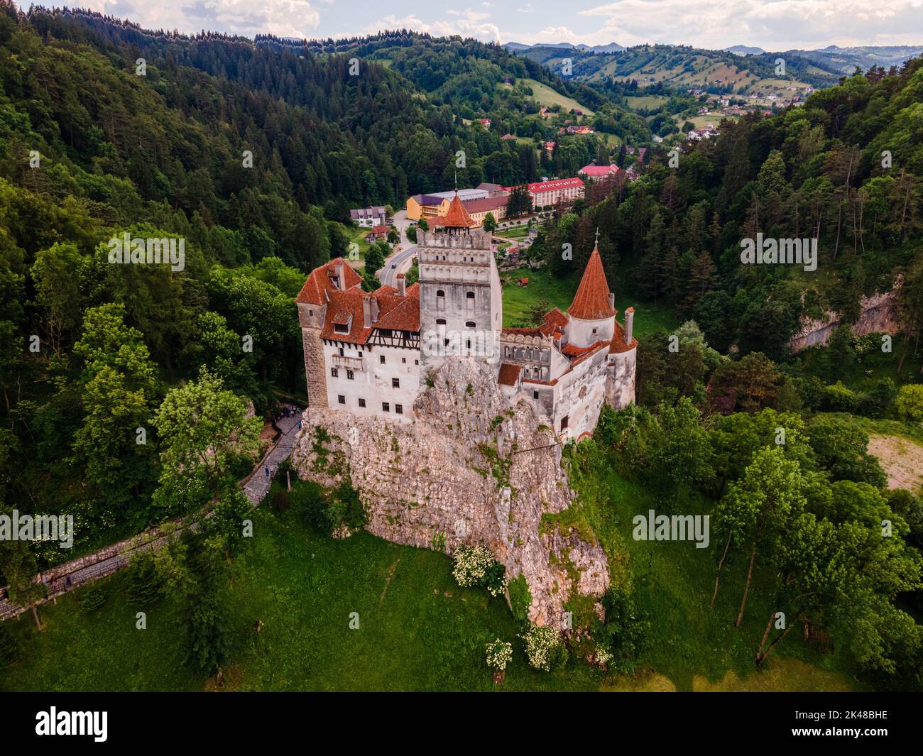 Aerial photography over Bran castle in Brasov, Romania. Photography was ...