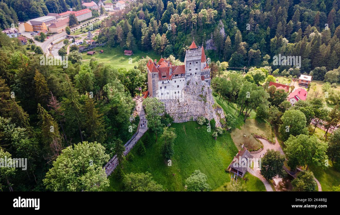 Aerial photography over Bran castle in Brasov, Romania. Photography was ...
