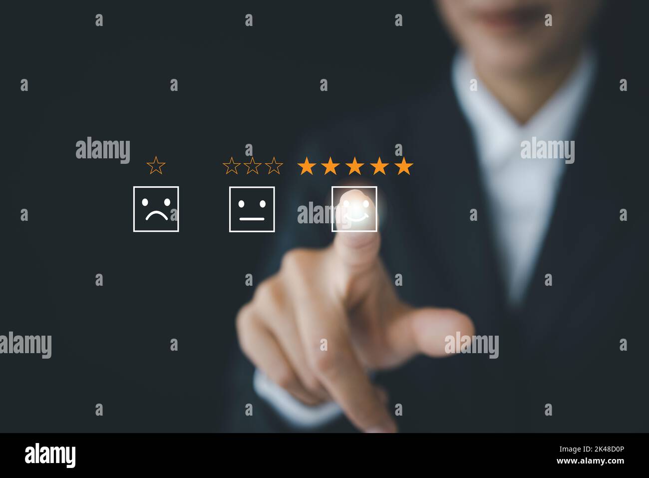 Business people touching the virtual screen on the happy Smiley face ...