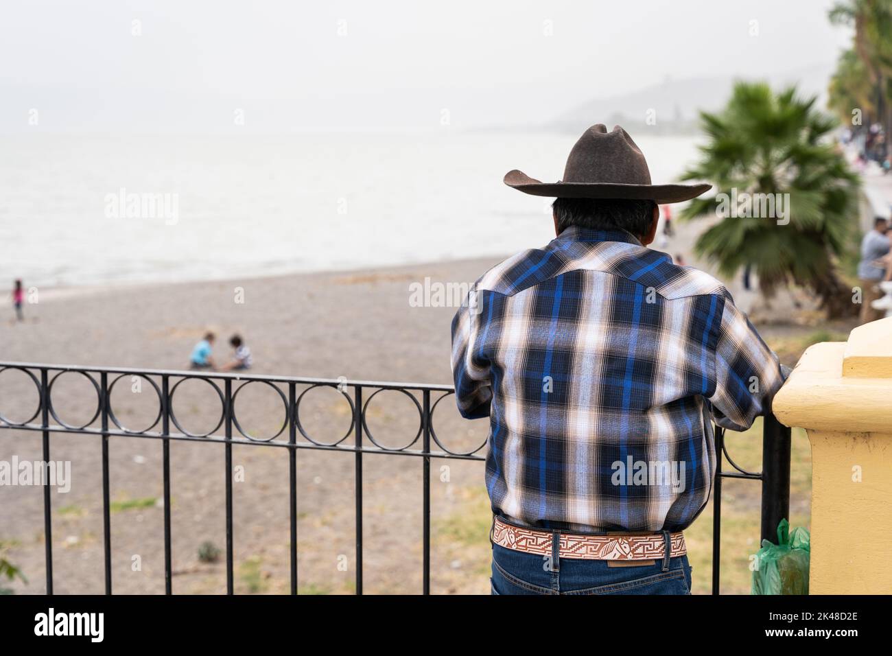 Back of lonely Charro man with hat and checkered shirt leaning on ...