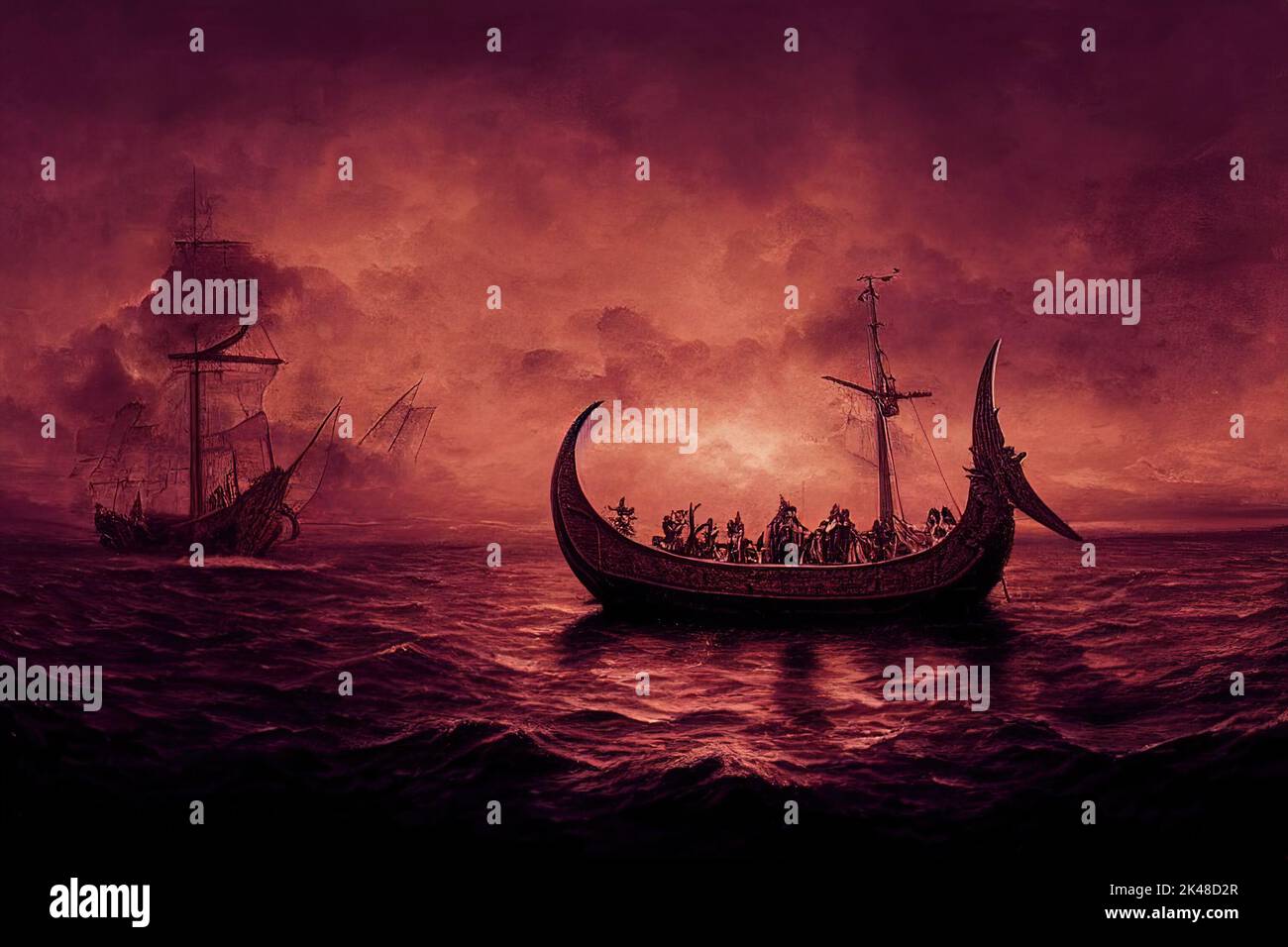 Vikings ships on horizon of ocean. Mysterious atmosphere under sunset ...
