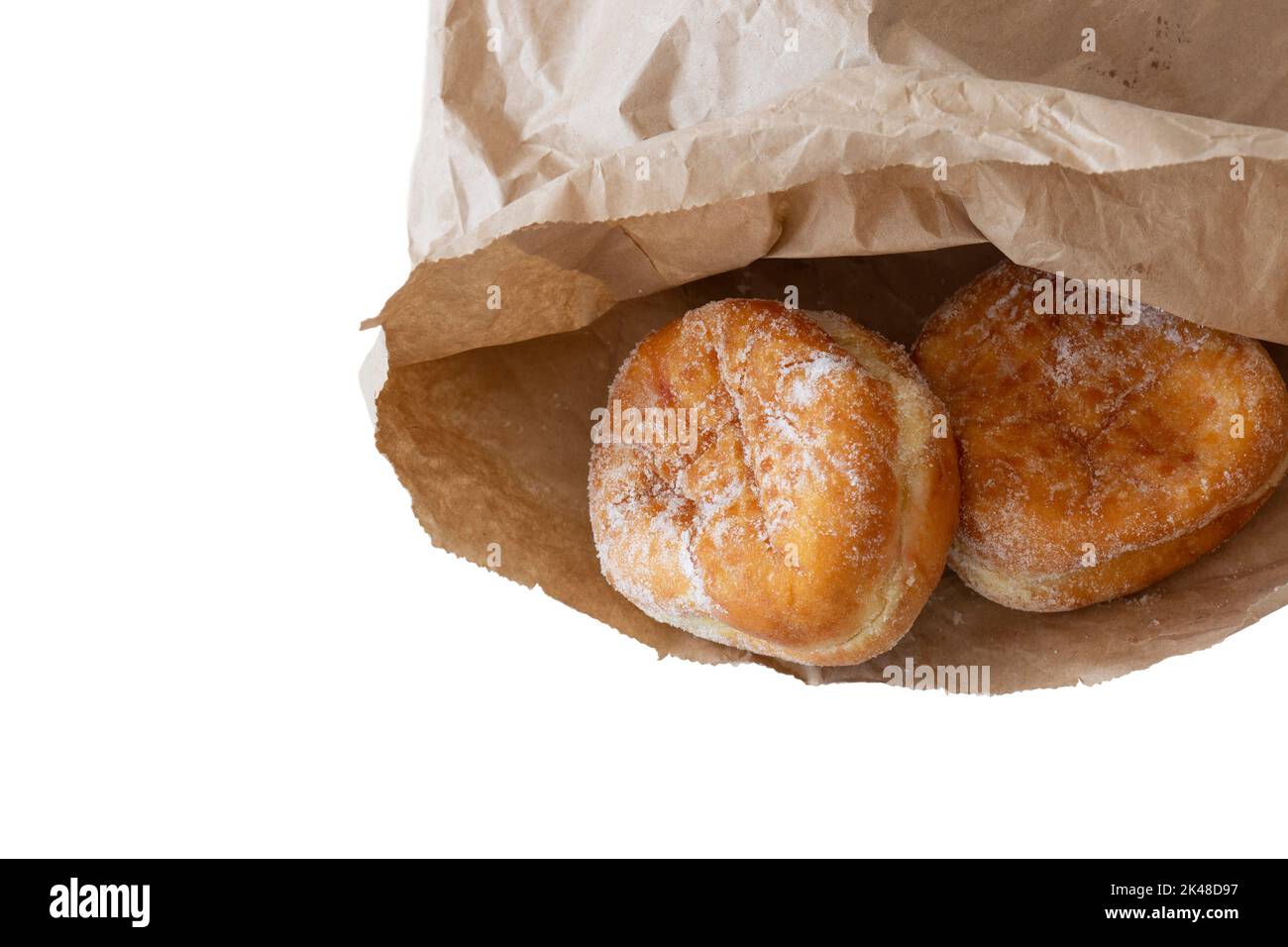 Jam doughnuts in a brown paper bag, recycling packaging, Isolated on a ...