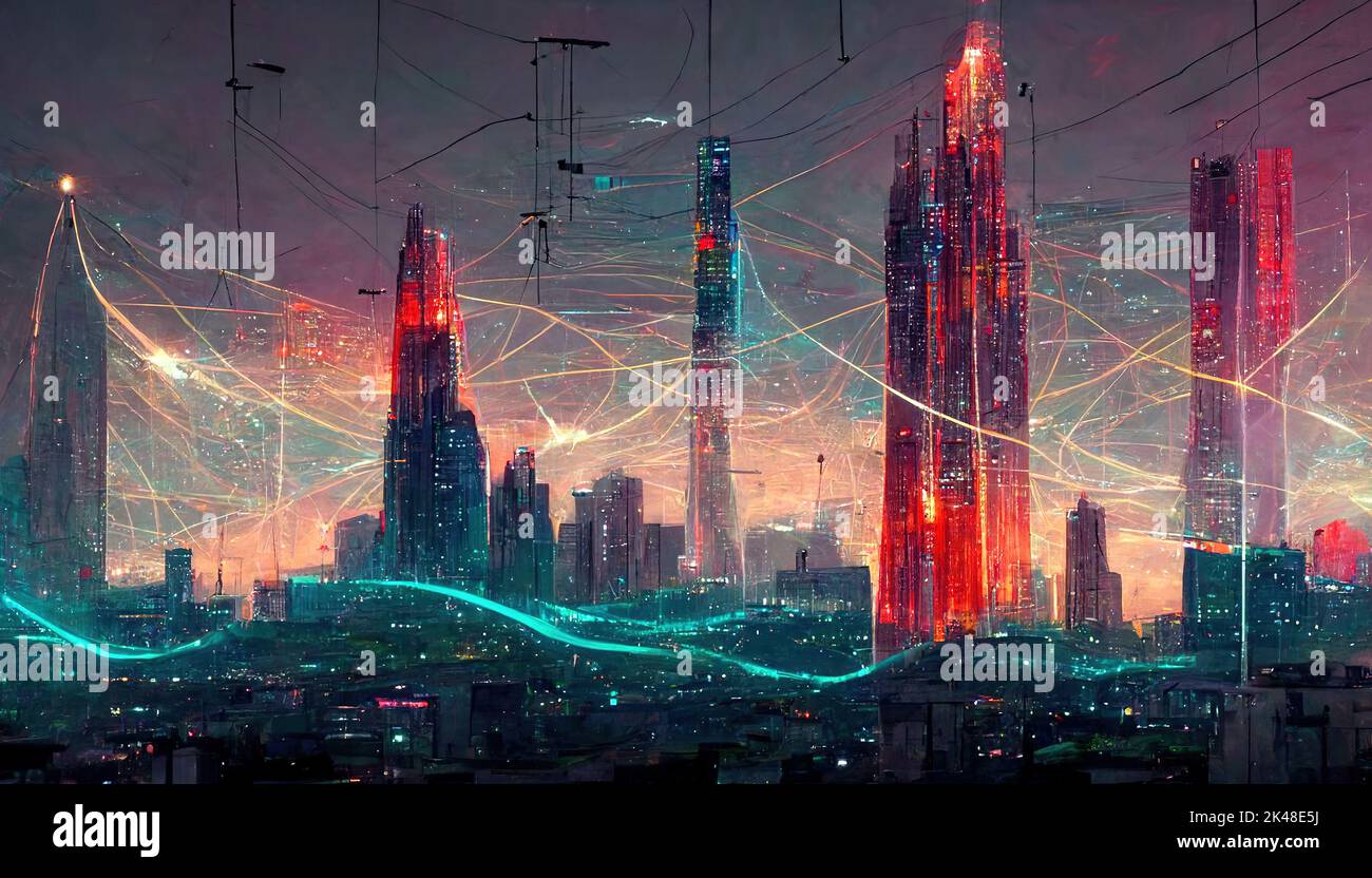 Future modern night city urban building concept cityscape with massive ...