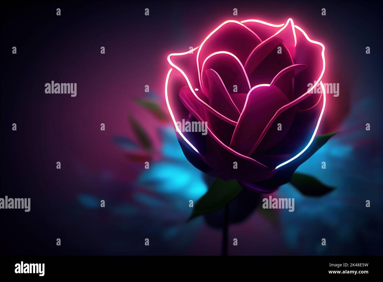 Fantasy magical dark background with magic rose flower reflection neon ...
