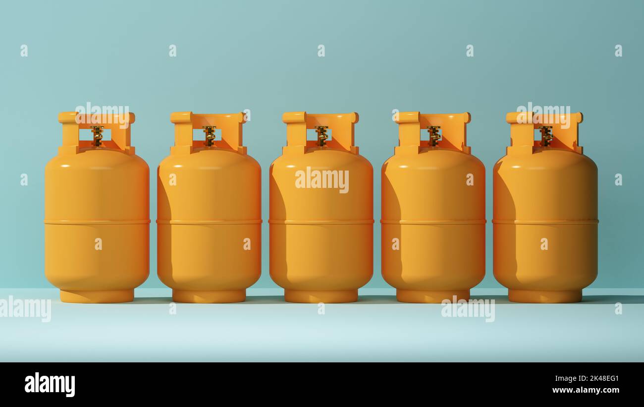 row of orange lpg gas tanks with copy space. 3d rendering Stock Photo ...