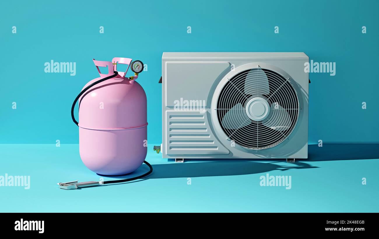 pink tank for refilling freon next to the air conditioning system with ...