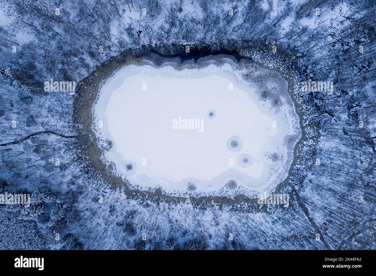 Frozen small lake in forest in winter. Aerial view of nature in winter ...