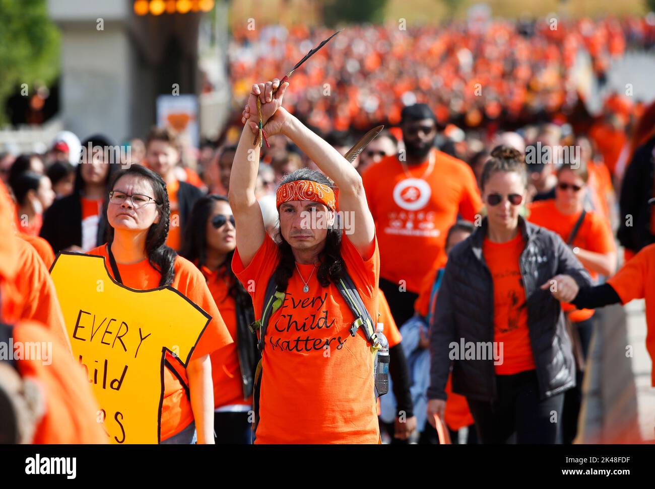 People attend the second annual Orange Shirt Day Survivors Walk and Pow ...
