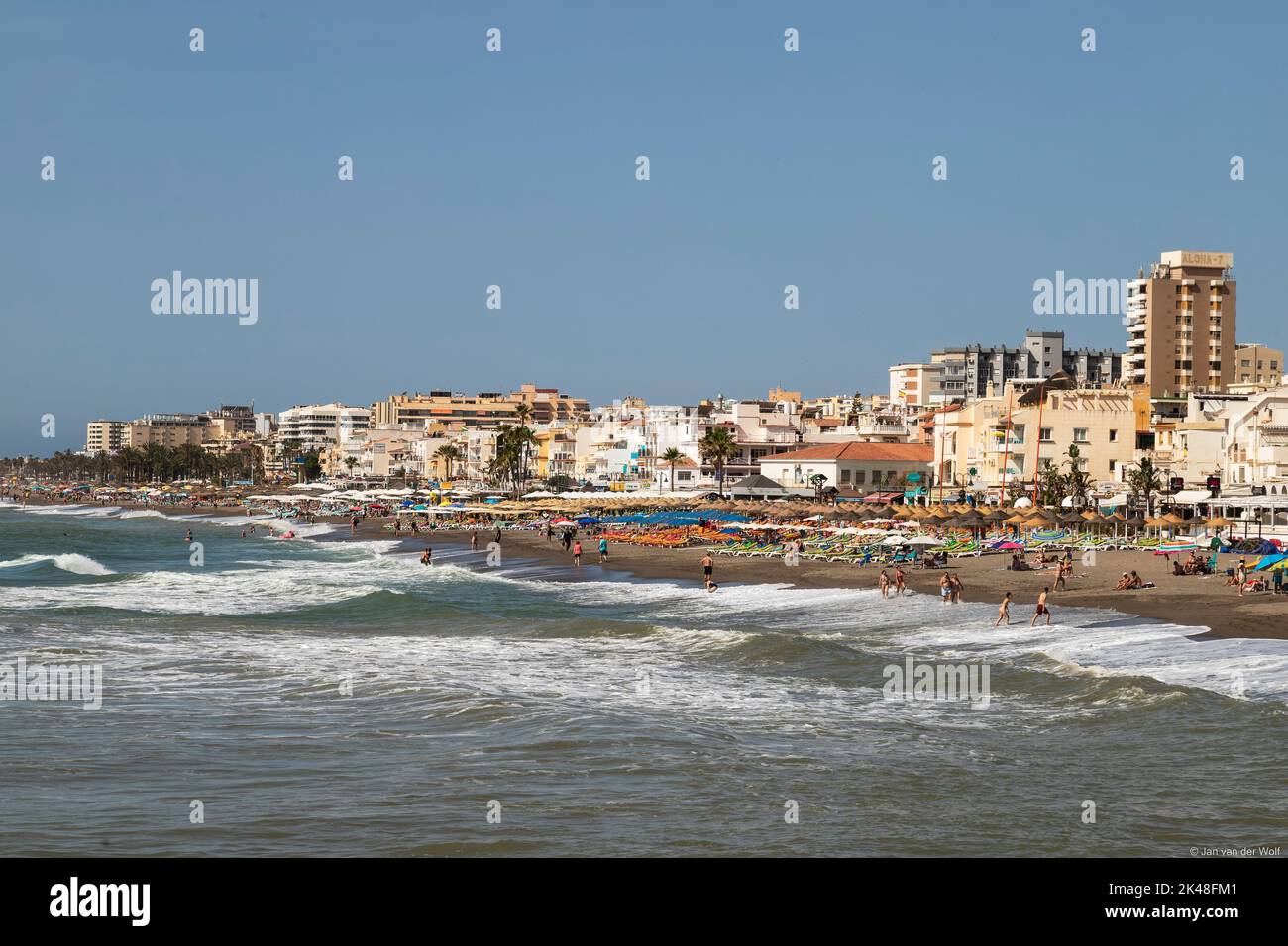 View of the popular Mediterranean resort of La Carihuela with its ...