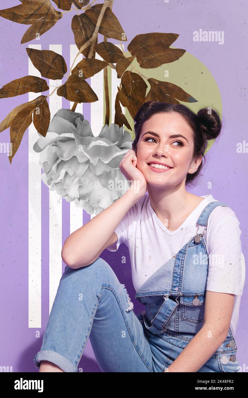 Photo artwork minimal picture of cheerful positive lady thinking ...