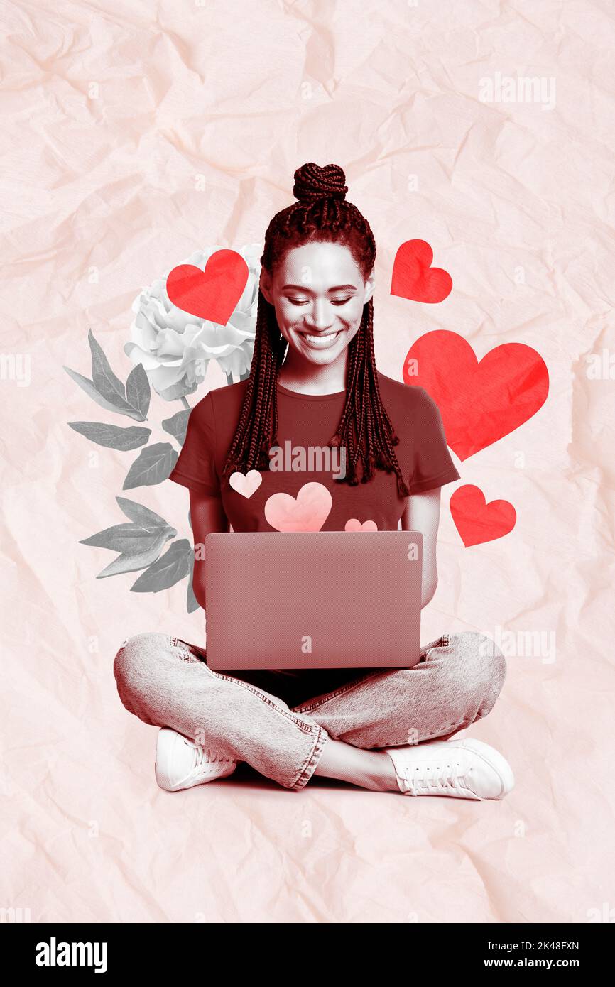 Exclusive magazine picture sketch image of smiling happy lady typing ...