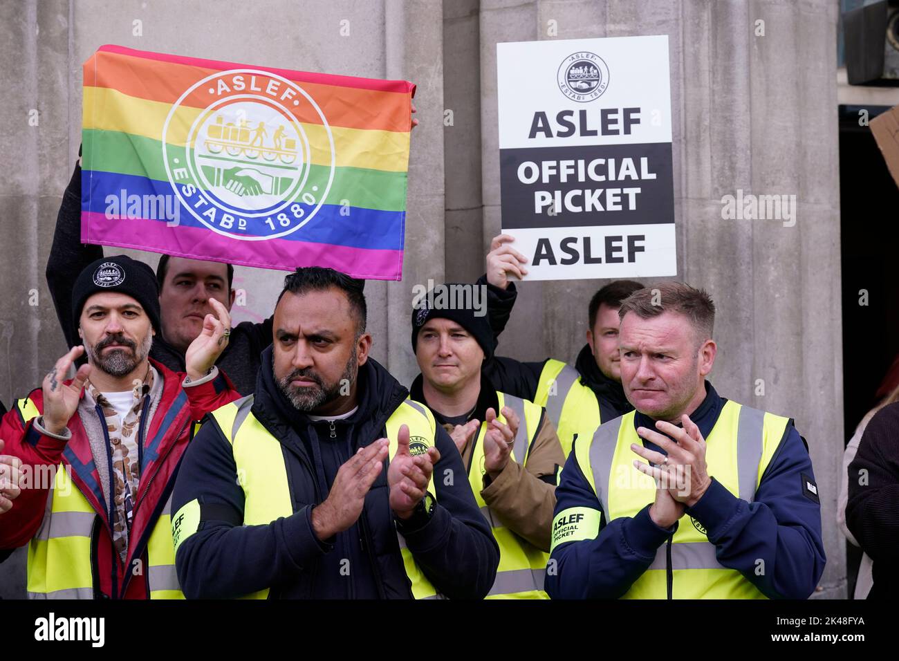 Rail workers on the picket line in Leeds during a 24-hour strike by four transportation trade ...