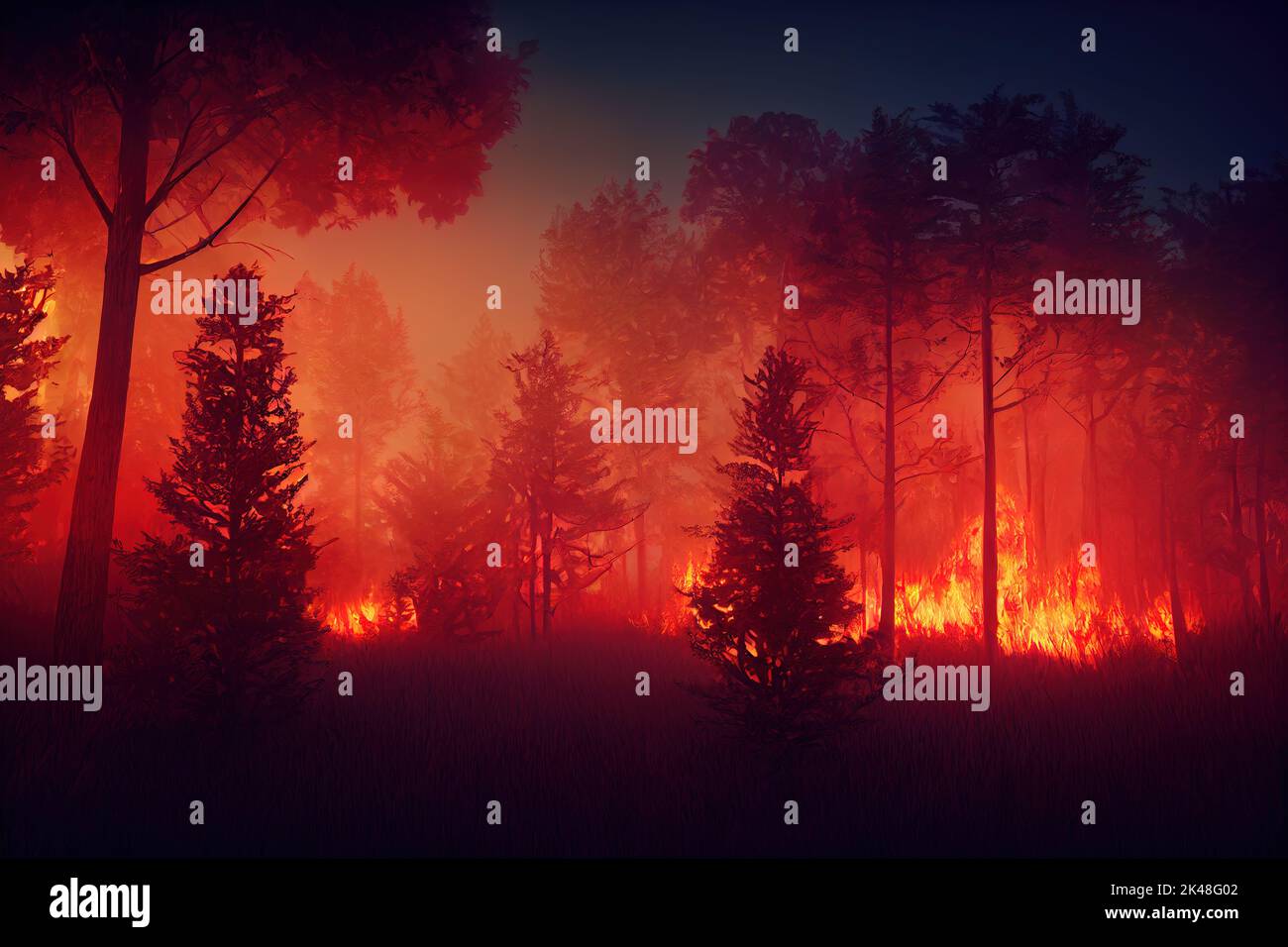 Forest tree devoured fire flames burn smoke. 3d illustration Stock ...