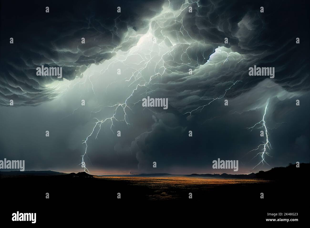 Lightning Thunder Flash Rain during summer storm. 3d illustration Stock ...