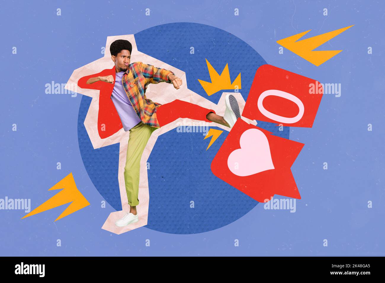 Creative trend collage of angry young man ninja kicking heart zero ...