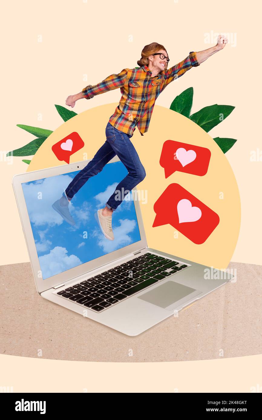 Composite collage picture image of active energetic guy flying ...