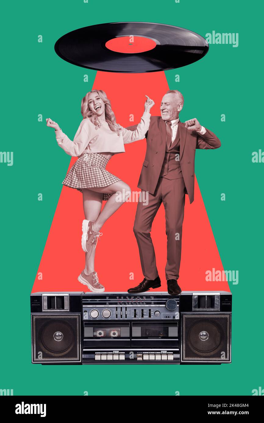 Vertical creative collage image of positive young girl mature man ...