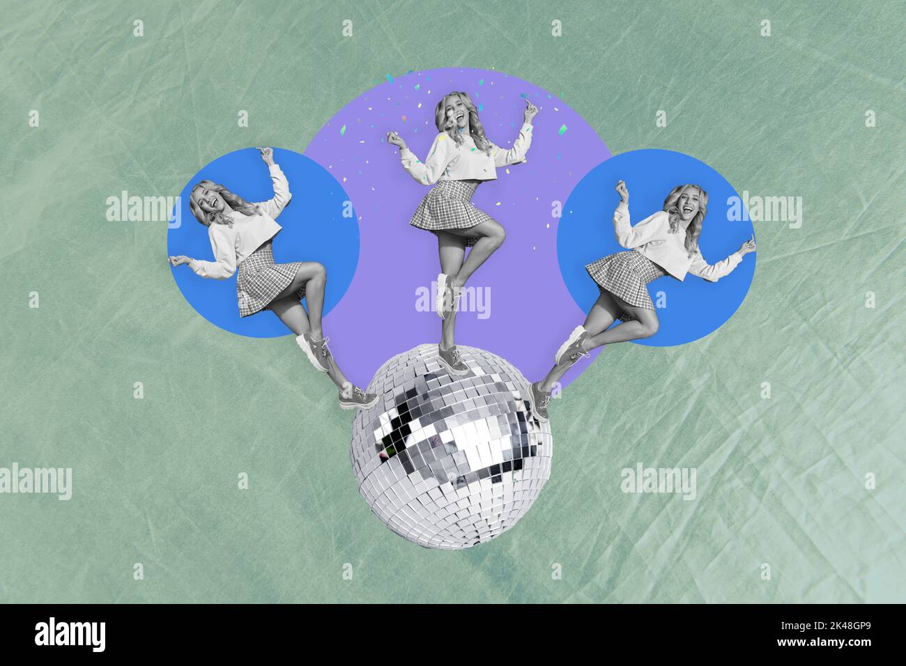Creative collage picture of excited girls black white colors dancing ...