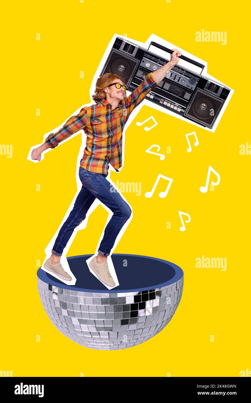 Composite collage image of energetic funny man dj running hurry carry ...