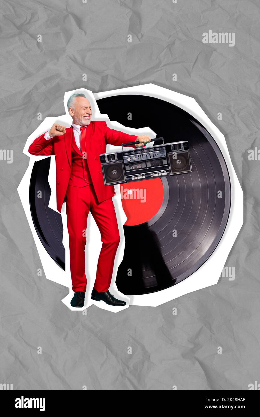 Vertical collage illustration of excited grandfather hold boombox ...