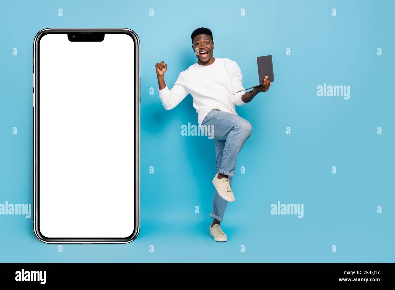 Full length photo of overjoyed businessman celebrate his victory next ...